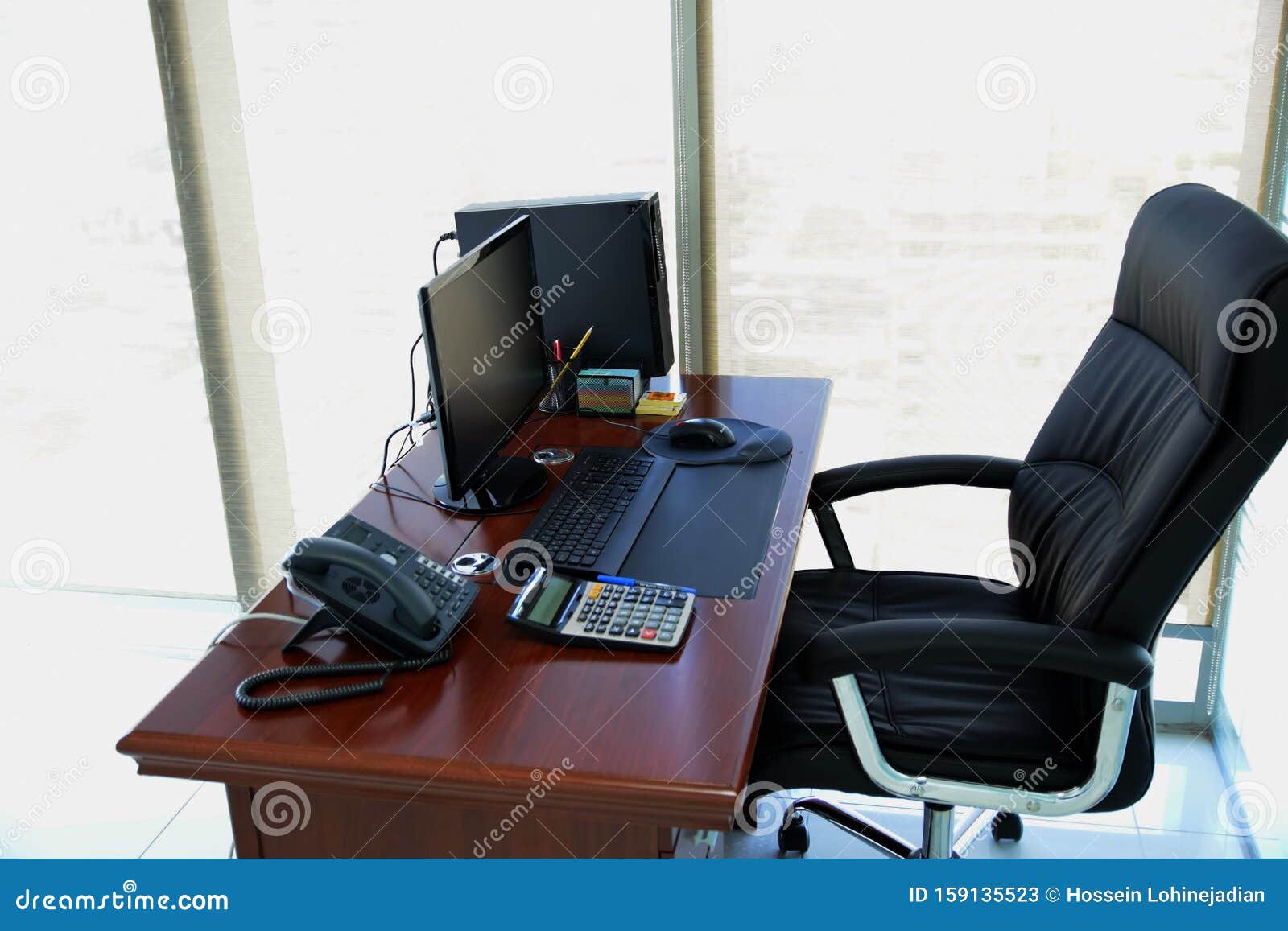 Office desk with items stock image. Image of chair, digital - 159135523
