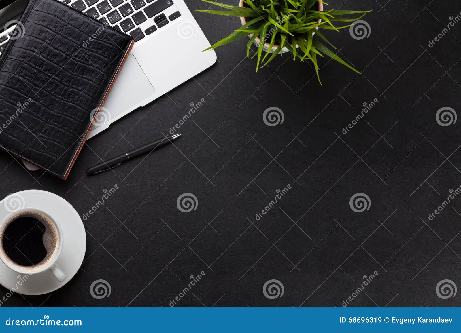 Office Desk with Laptop, Coffee, Notepad and Plant Stock Image - Image ...