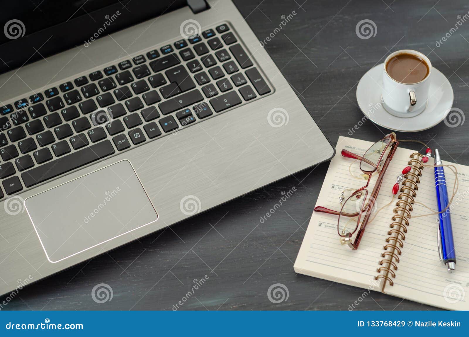 Notepad, Laptop and Coffee Cup on Wood Table Stock Image - Image of ...