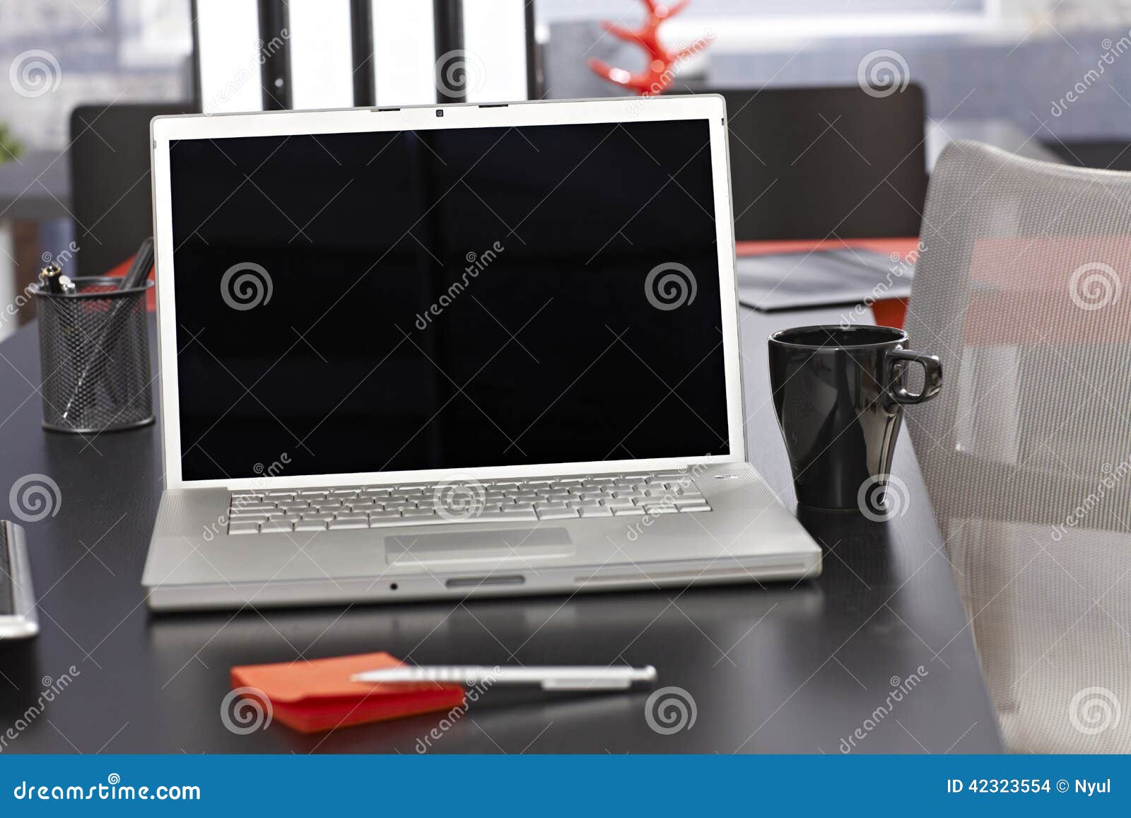 Office desk with laptop stock photo. Image of folders - 42323554