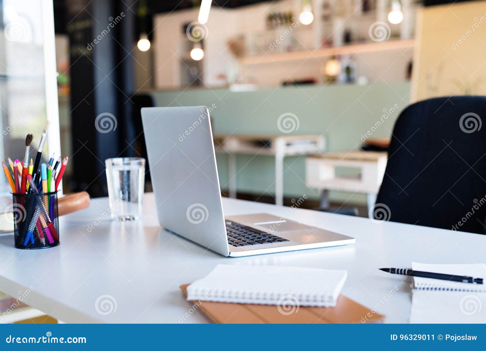 Office Desk with Laptop, Notebook, Pens and Pencils. Stock Image ...