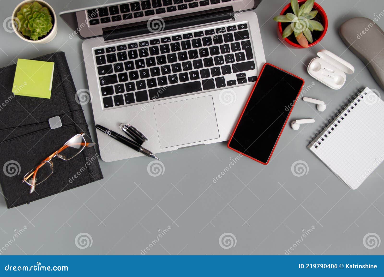 Office Desk with Modern Gadgets on a Grey Desk Stock Photo - Image of ...