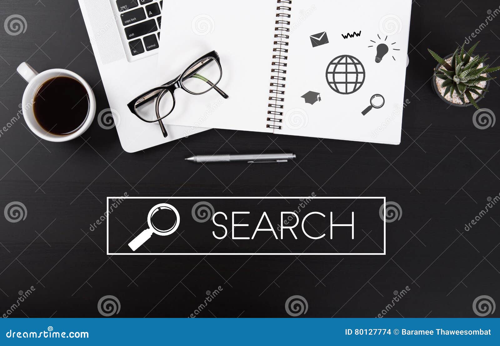 Office Desk with Notebook Computer and Wording Search Business. Stock ...