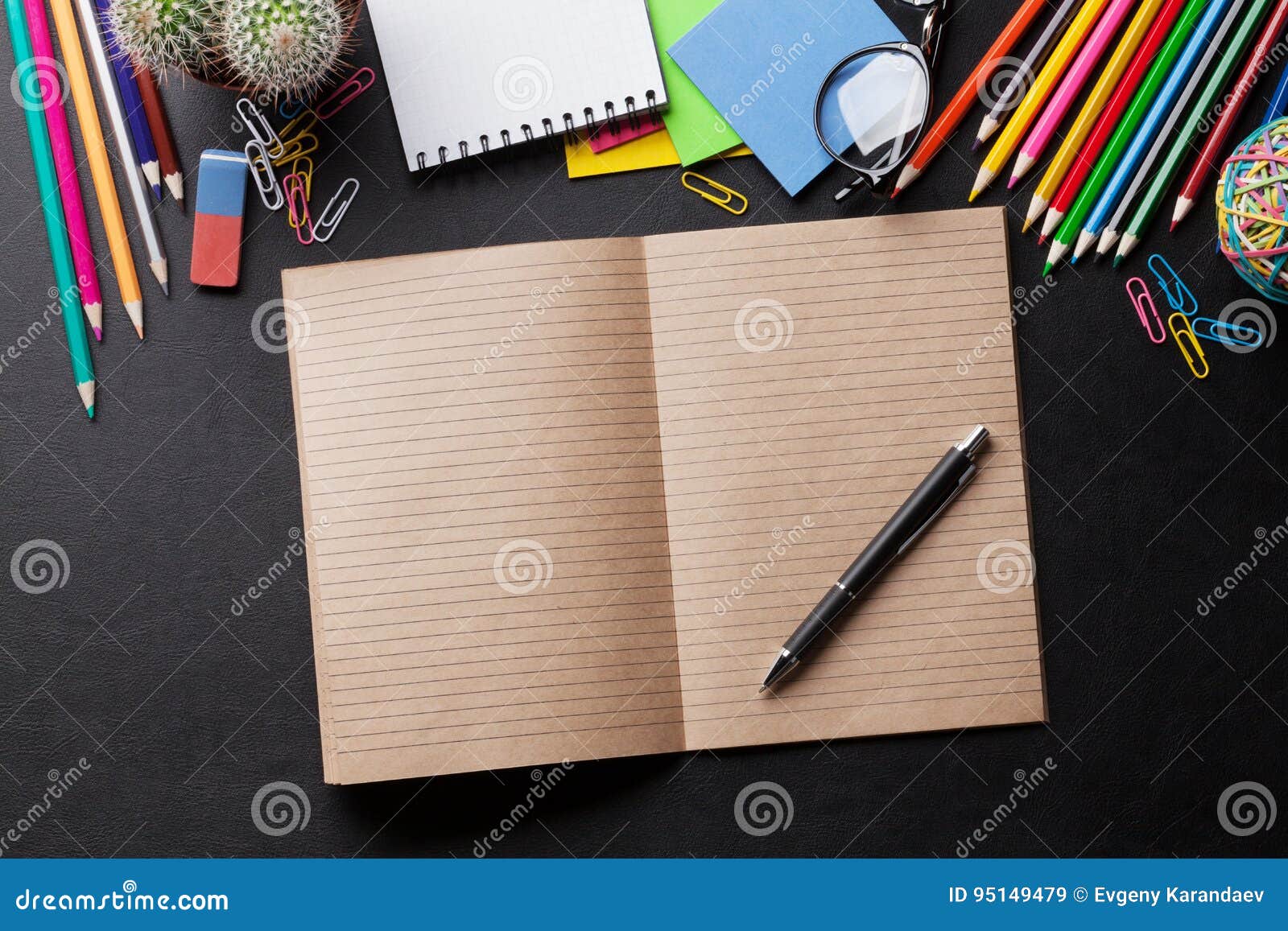 Office Desk with Notepad and Supplies Stock Image - Image of book ...