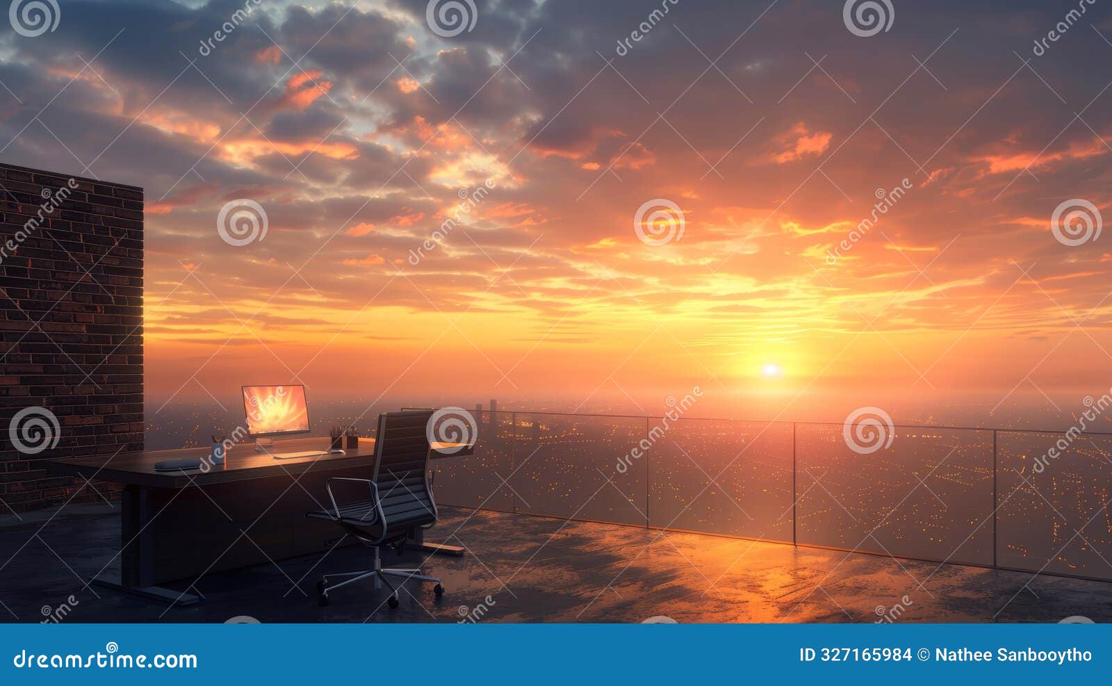 Office Desk Overlooking Sunset Cityscape Stock Illustration ...