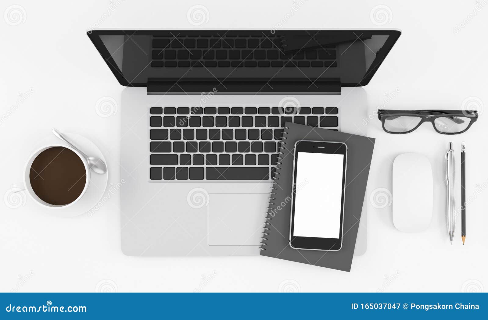 Office Desk with Phone Blank Screen, Computer Notebook, Glasses, and ...