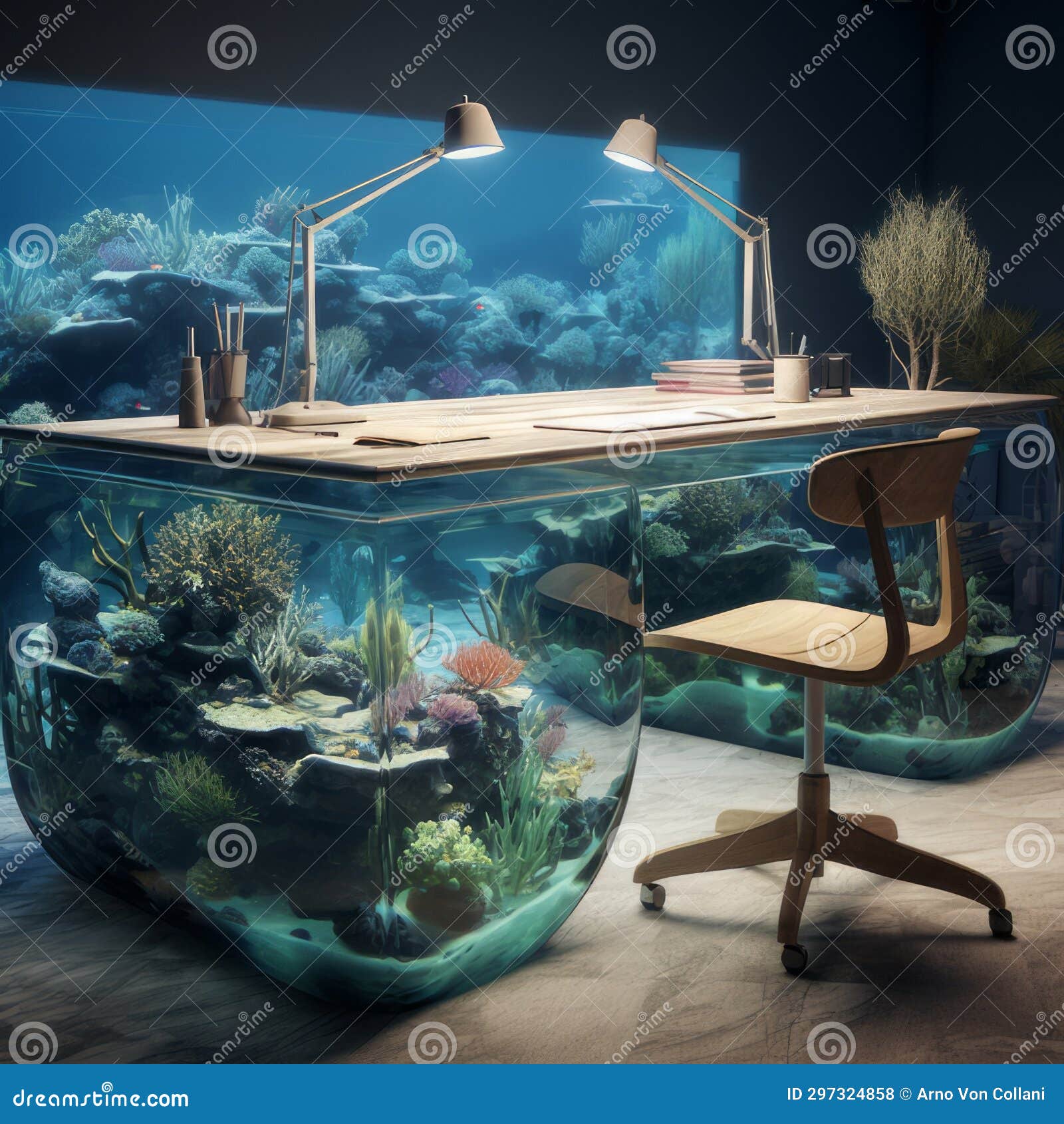 Aquatic Ambiance: Serenity Meets Productivity at the Office Desk Stock ...