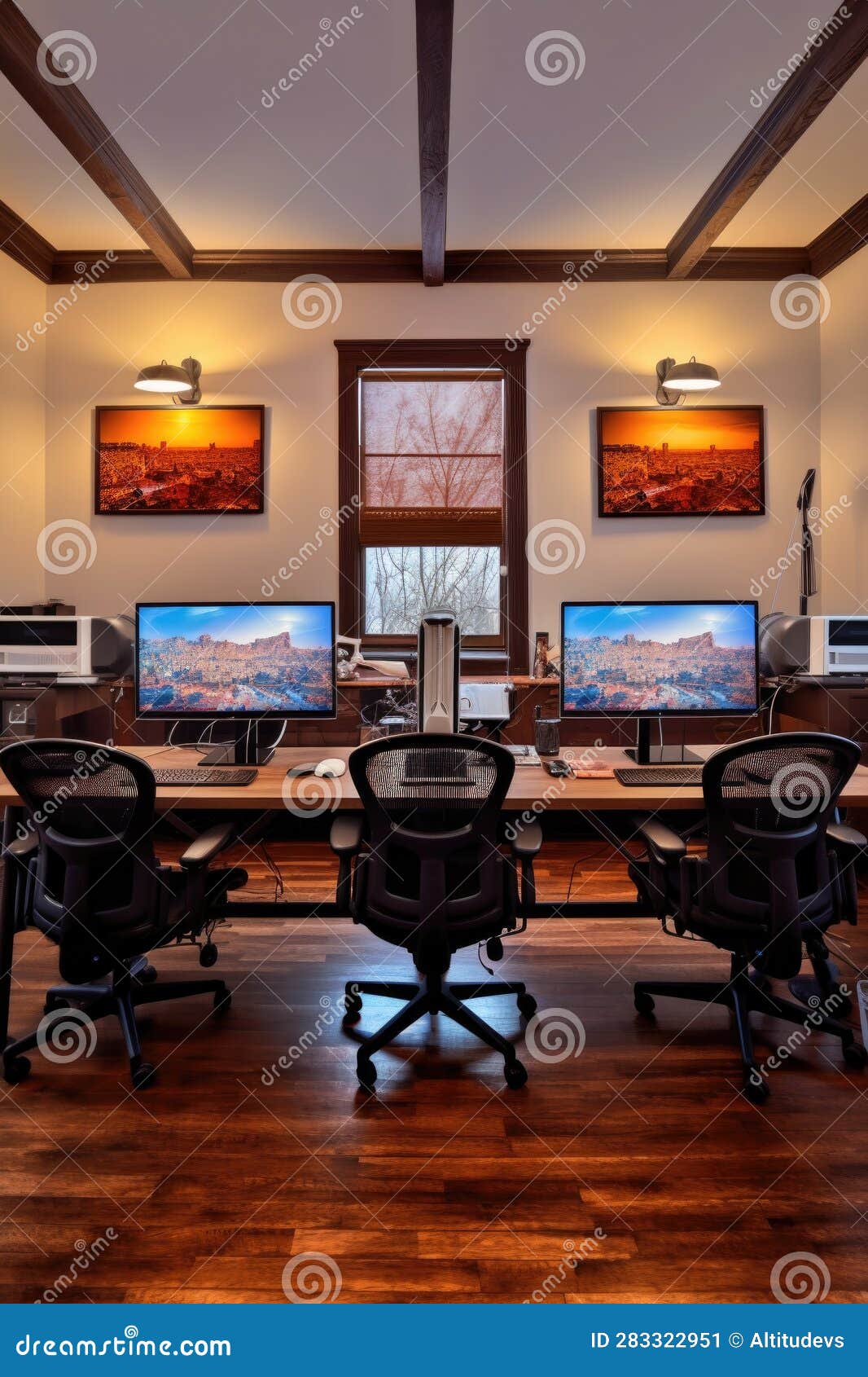 Office Desk Setup with Multiple Chairs and Laptops Stock Illustration ...