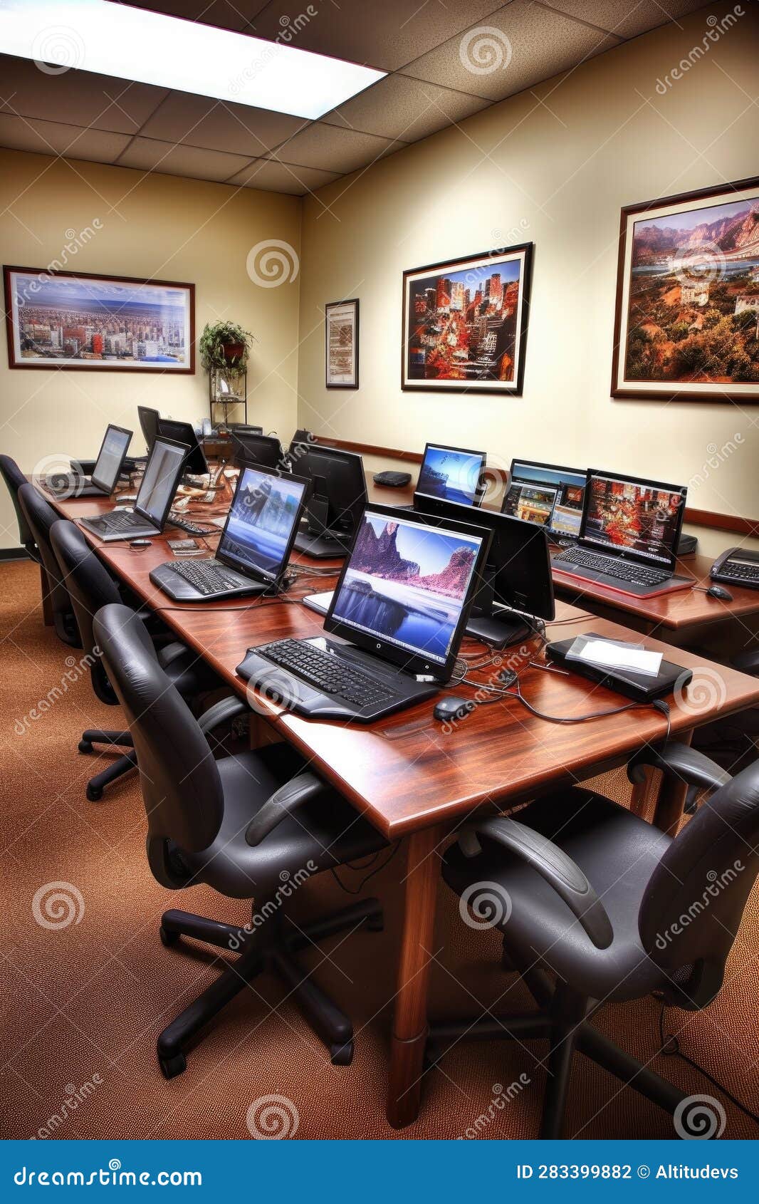 Office Desk Setup with Multiple Chairs and Laptops Stock Illustration ...