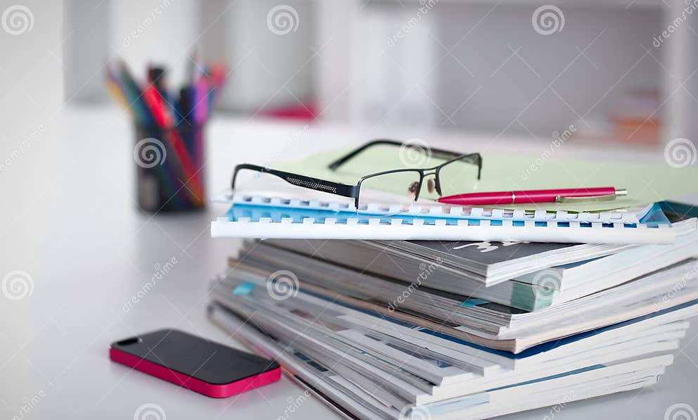 Office Desk a Stack of Computer Paper Reports Work Forms Stock Photo ...