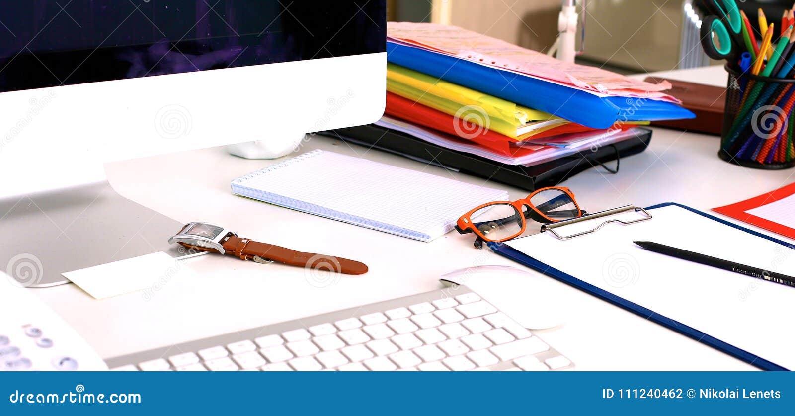 Office Desk a Stack of Computer Paper Reports Work Forms Stock Photo ...