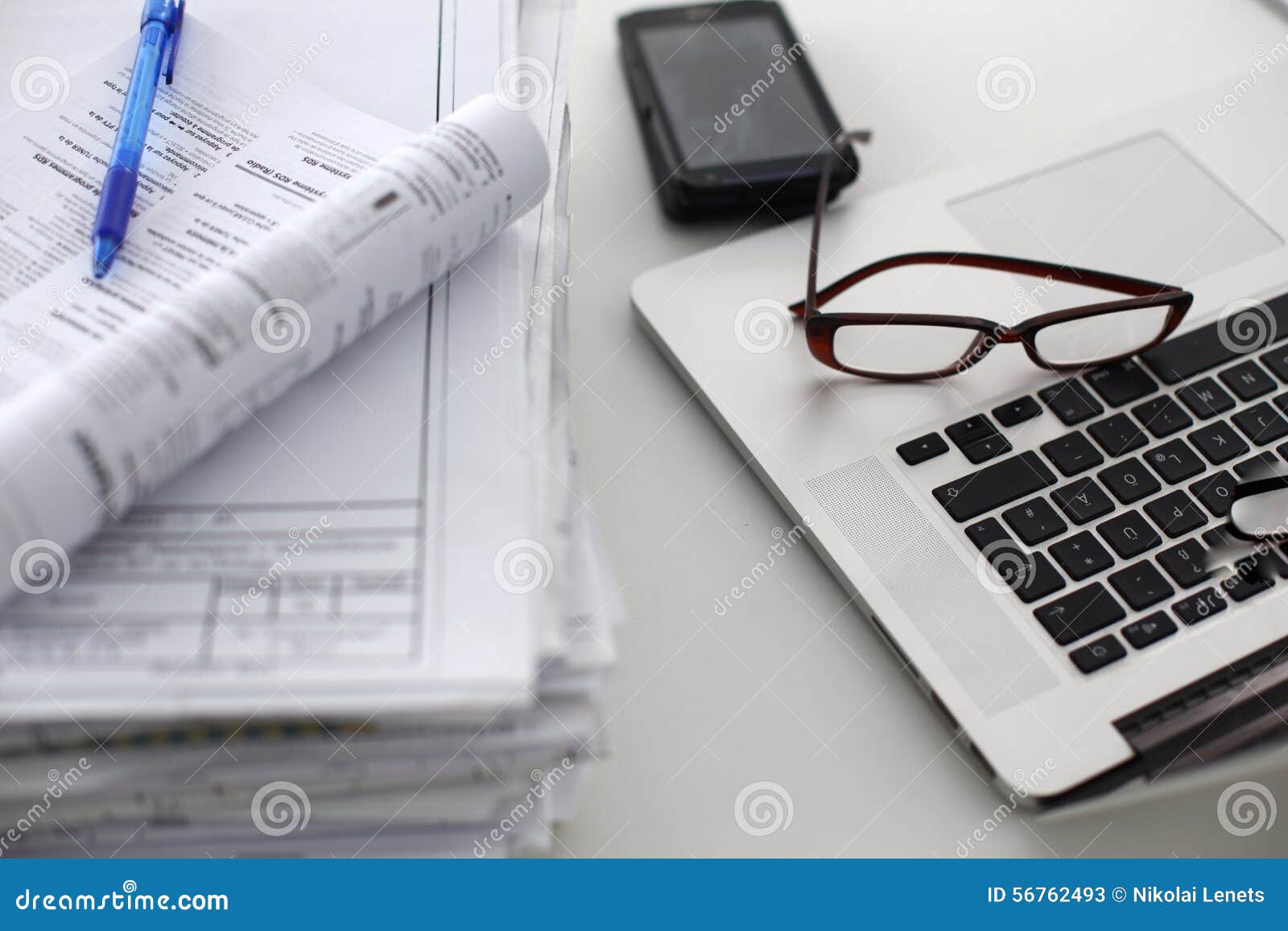 Office Desk a Stack of Computer Paper Reports Work Stock Image - Image ...