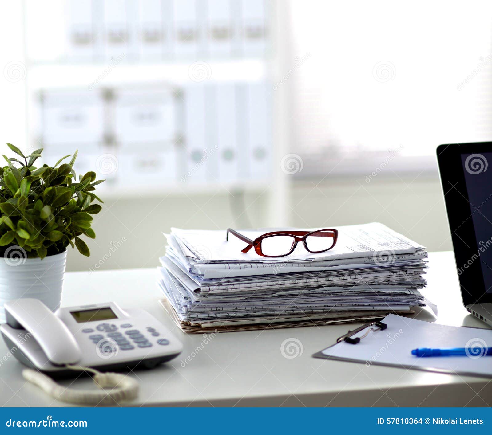 Office Desk a Stack of Computer Paper Reports Work Stock Photo - Image ...