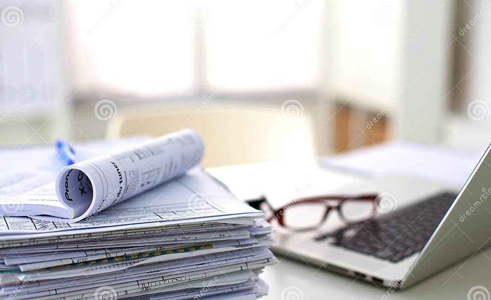 Office Desk a Stack of Computer Paper Reports Work Stock Image - Image ...
