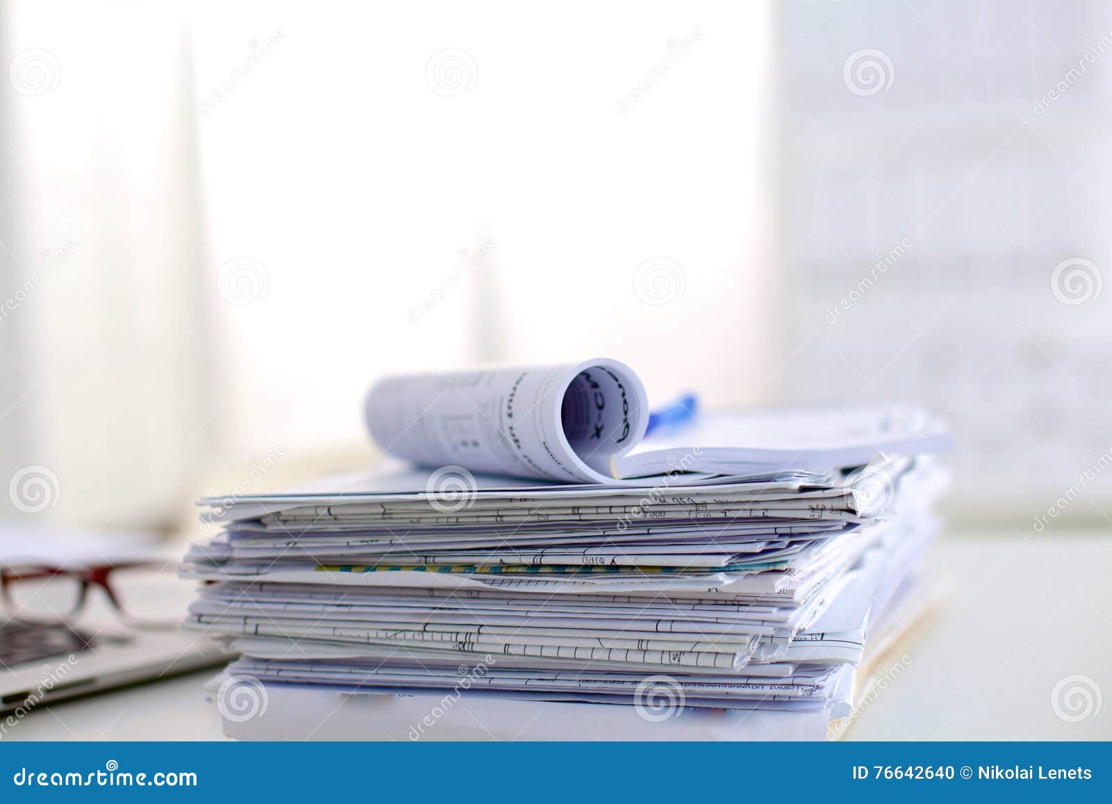 Office Desk a Stack of Computer Paper Reports Work Forms Stock Photo ...