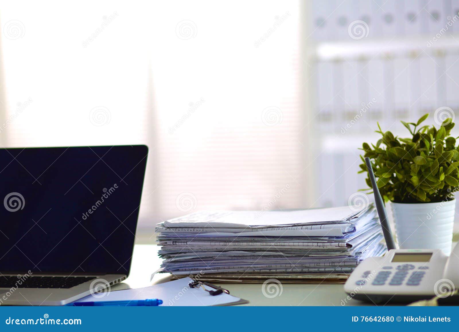 Office Desk a Stack of Computer Paper Reports Work Forms Stock Photo ...