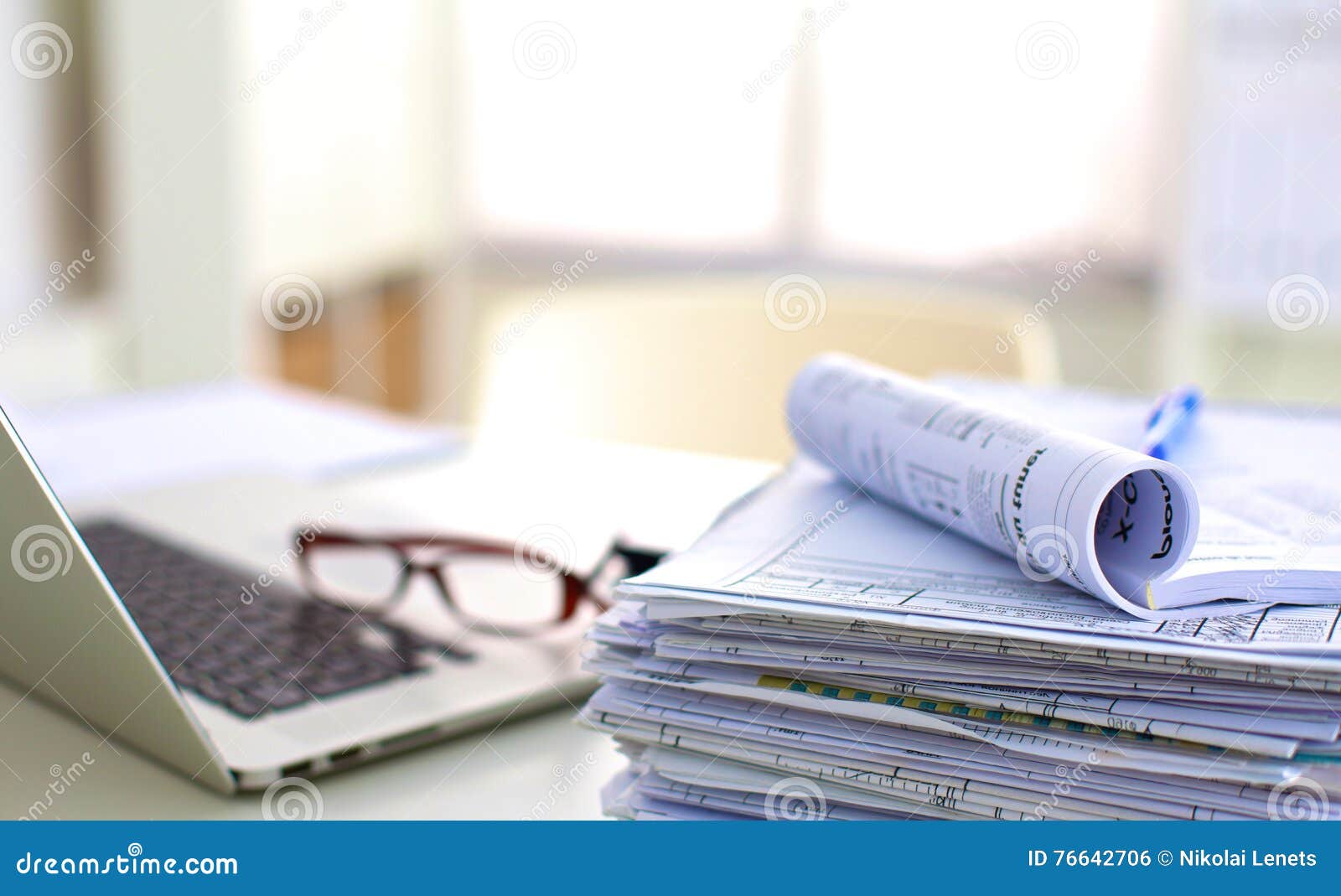 Office Desk a Stack of Computer Paper Reports Work Forms Stock Photo ...