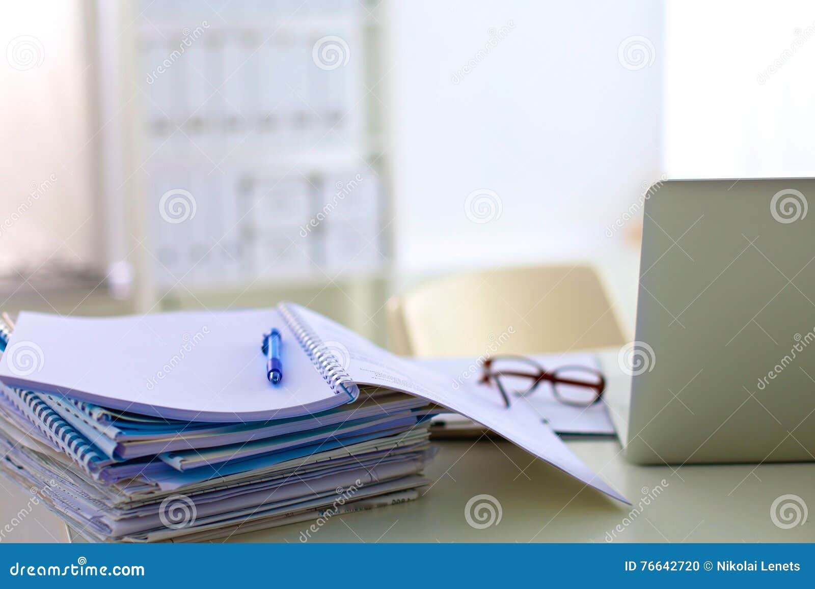 Office Desk a Stack of Computer Paper Reports Work Forms Stock Photo ...