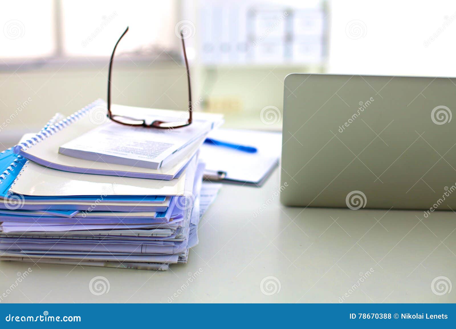 Office Desk a Stack of Computer Paper Reports Work Forms Stock Photo ...