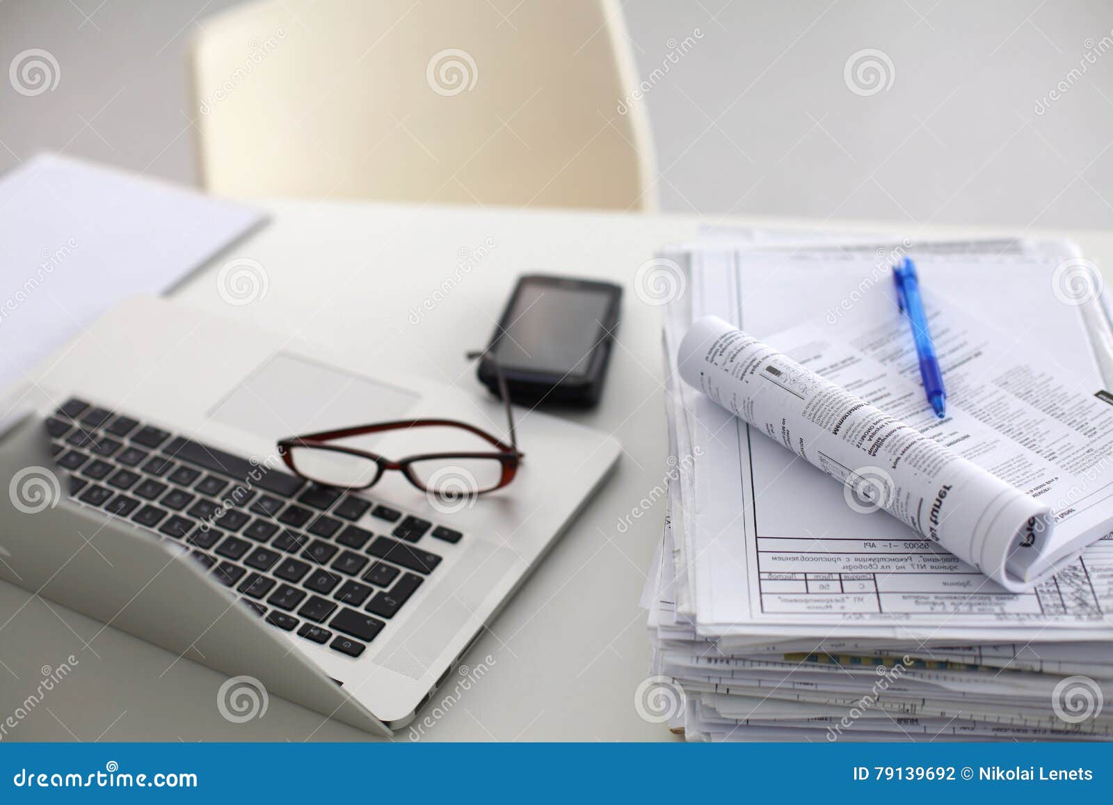 Office Desk a Stack of Computer Paper Reports Work Forms Stock Photo ...