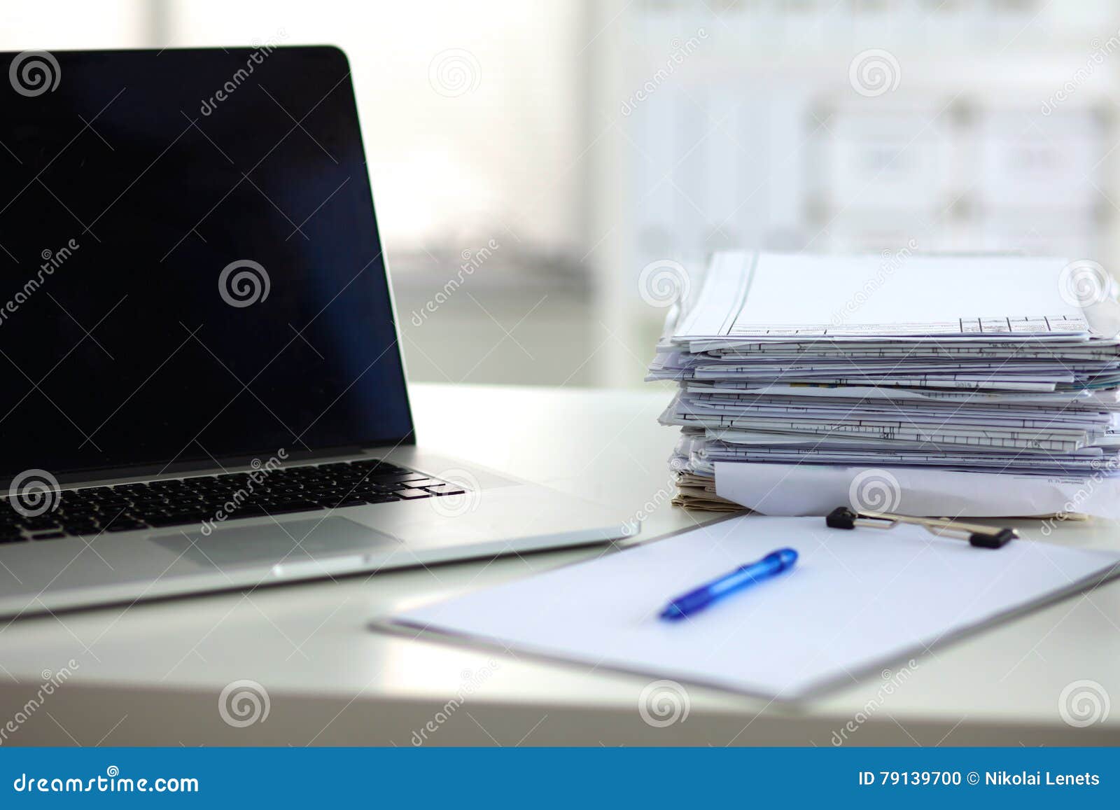 Office Desk a Stack of Computer Paper Reports Work Forms Stock Photo ...