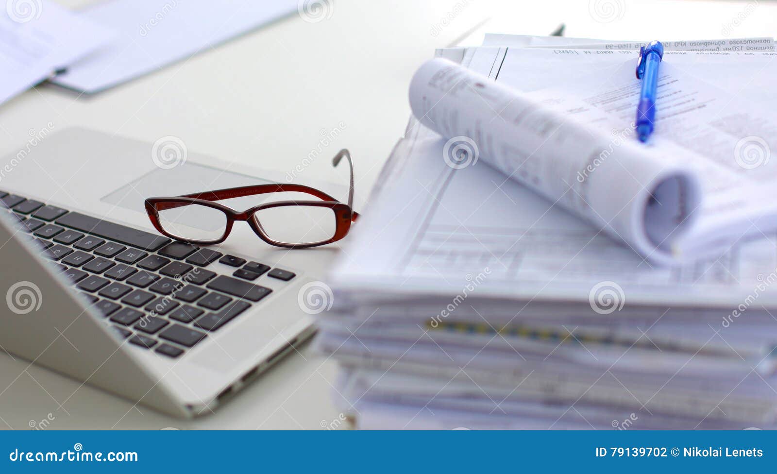 Office Desk a Stack of Computer Paper Reports Work Forms Stock Photo ...