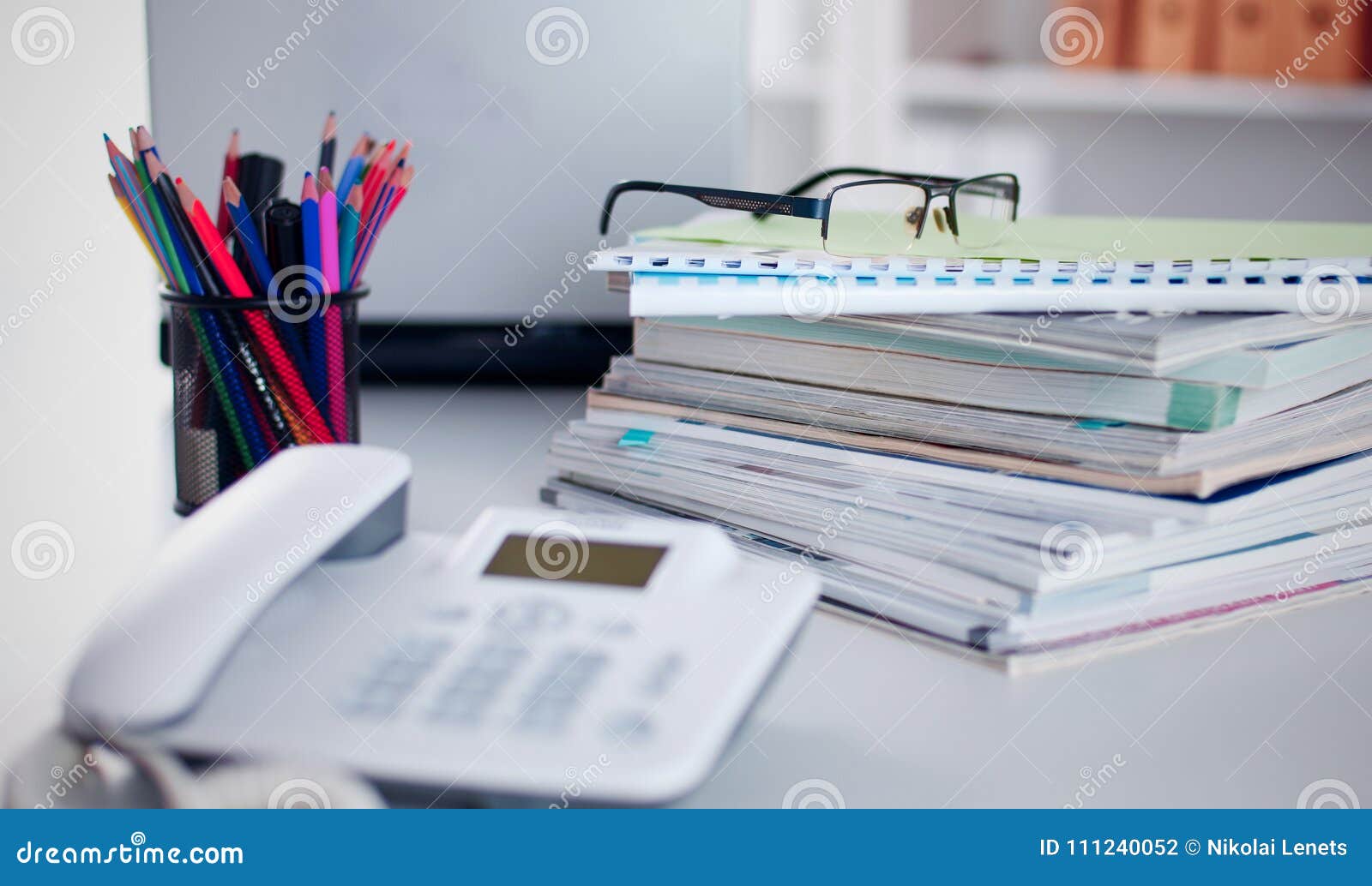 Office Desk a Stack of Computer Paper Reports Work Forms Stock Photo ...