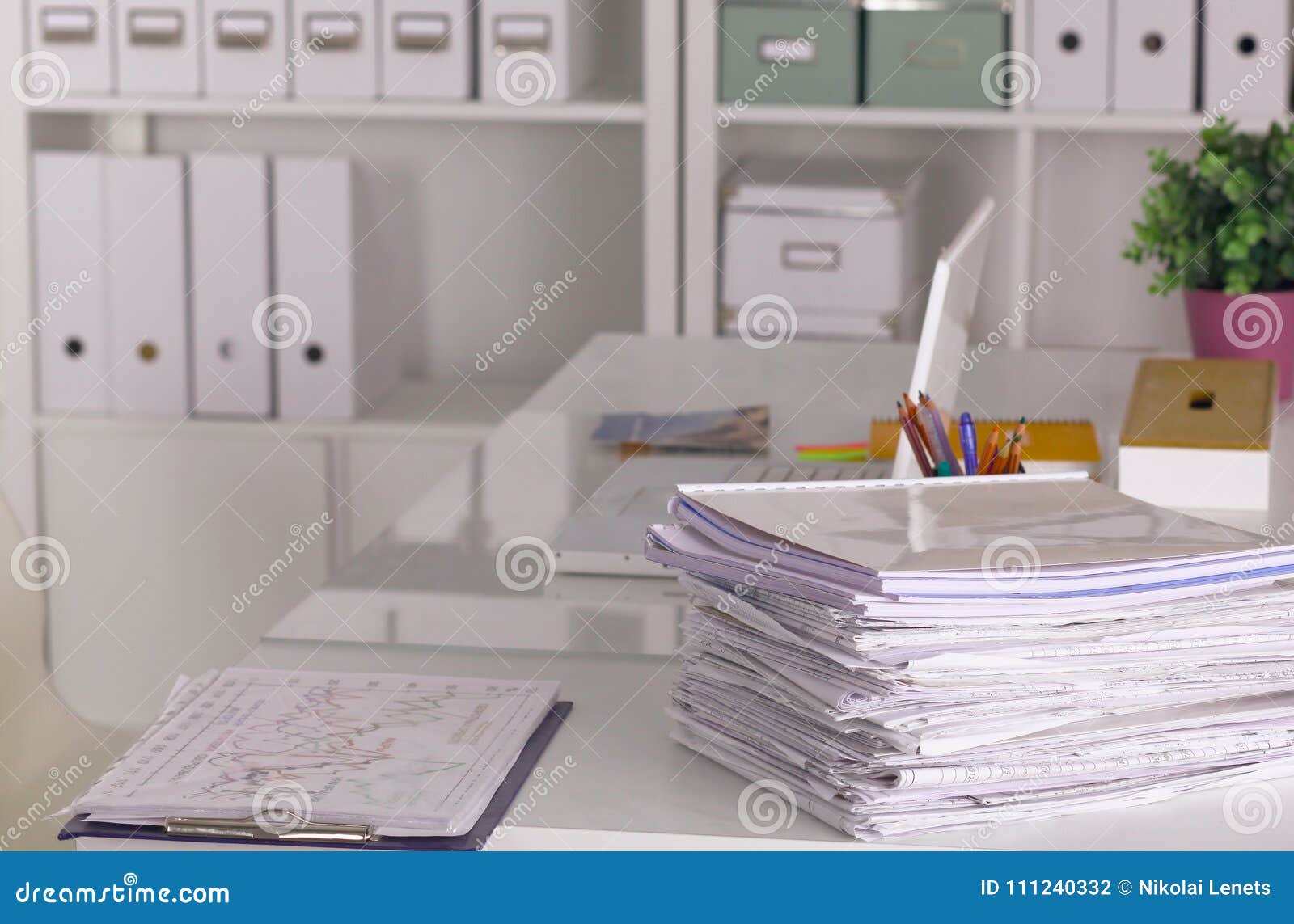 Office Desk a Stack of Computer Paper Reports Work Forms Stock Photo ...