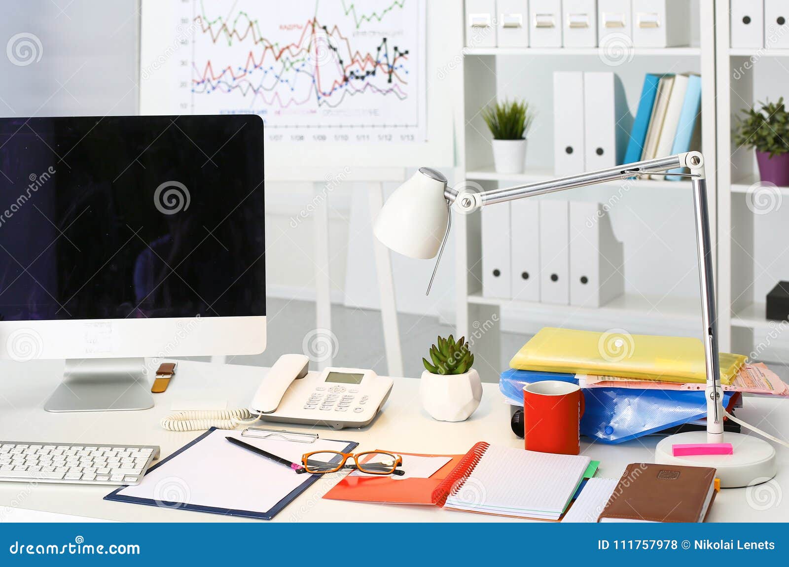 Office Desk a Stack of Computer Paper Reports Work Forms Stock Photo ...