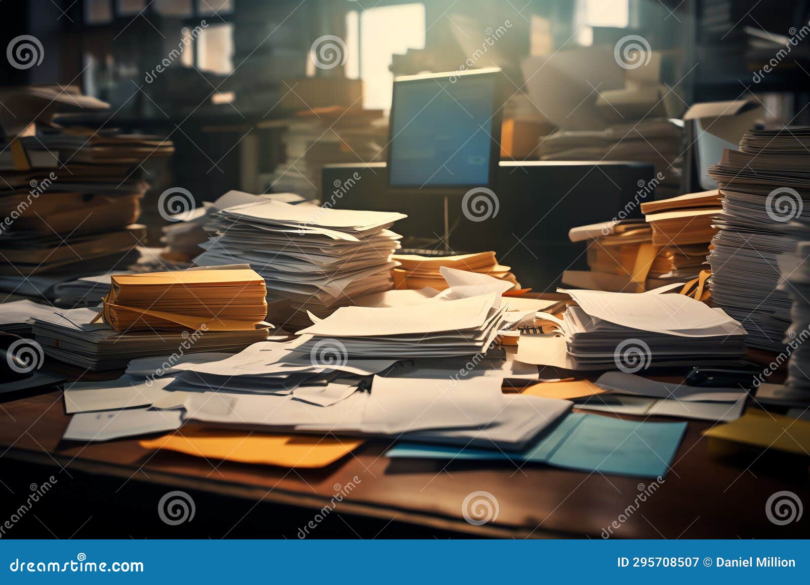 Office Desk with a Stack of Files and Papers Work Office Background ...
