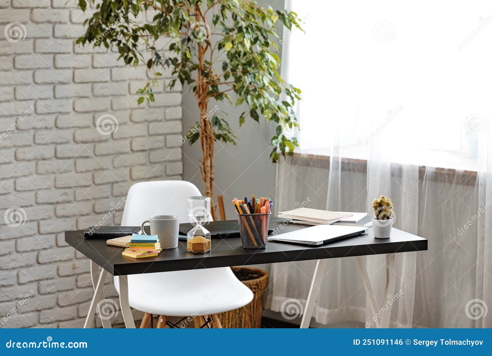 Office Desk with Stationery Items and Laptop Stock Photo - Image of ...