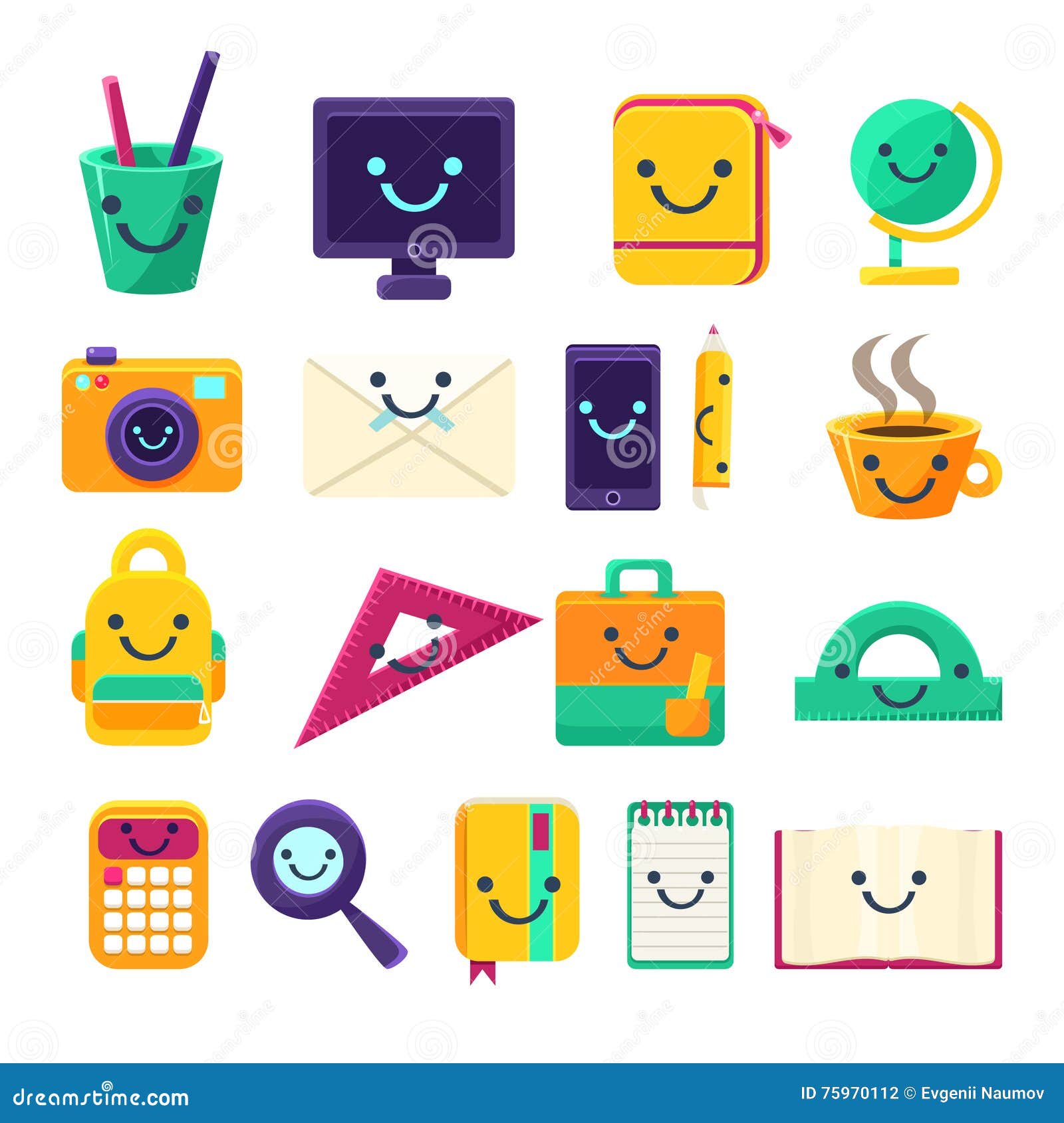 Office Desk Supplies Collection of Objects with Smily Faces Stock ...