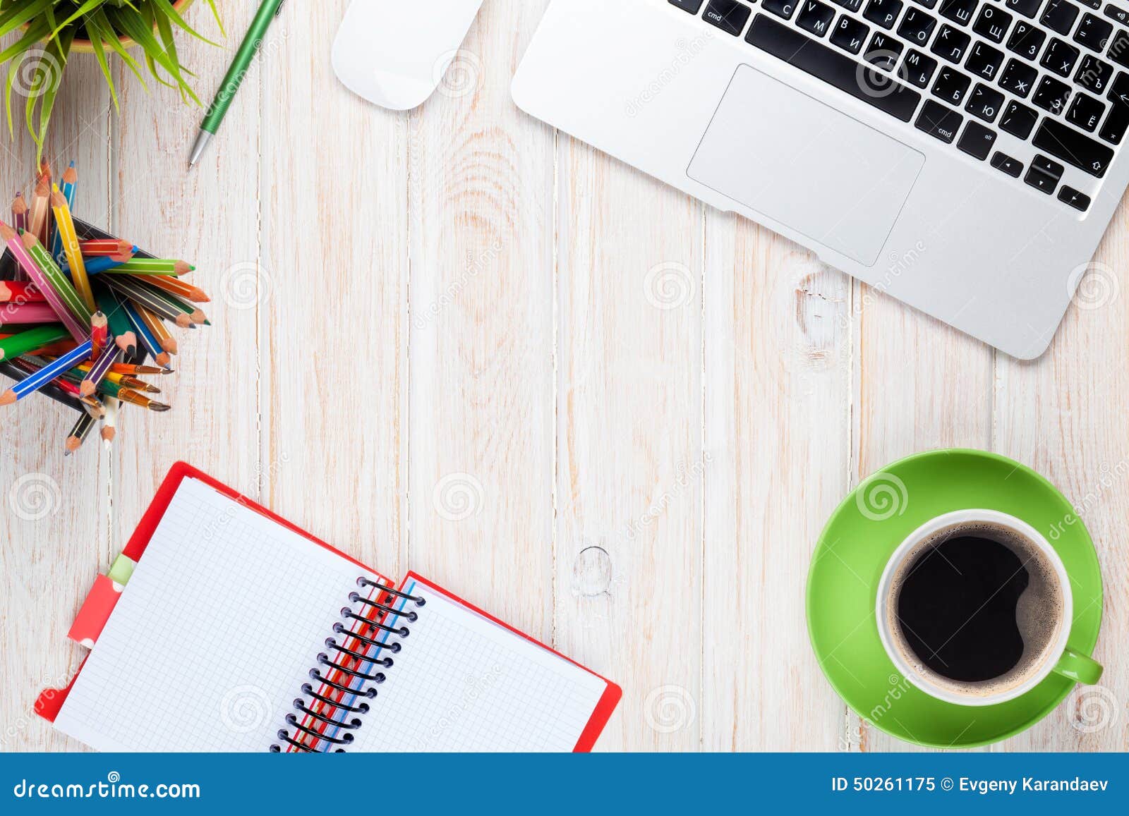 Office Desk Table With Computer, Supplies, Coffee Cup And Flower Stock ...