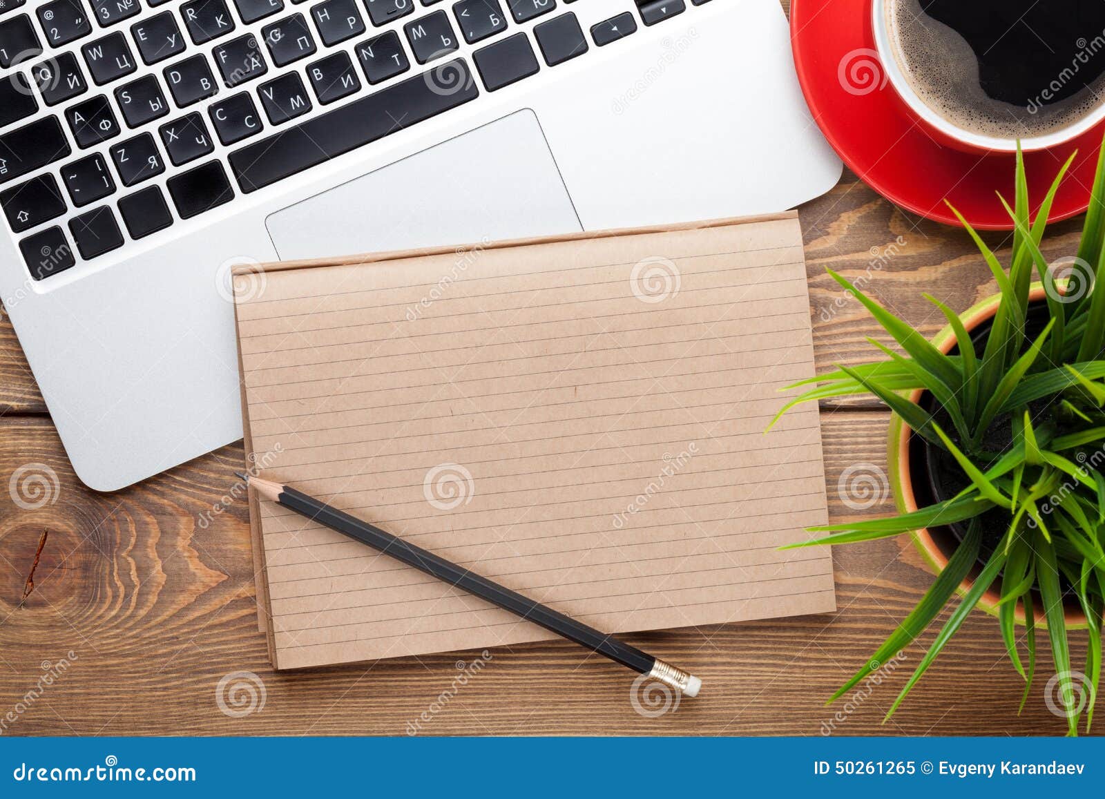 Office Desk Table with Computer, Supplies, Coffee Cup and Flower Stock ...