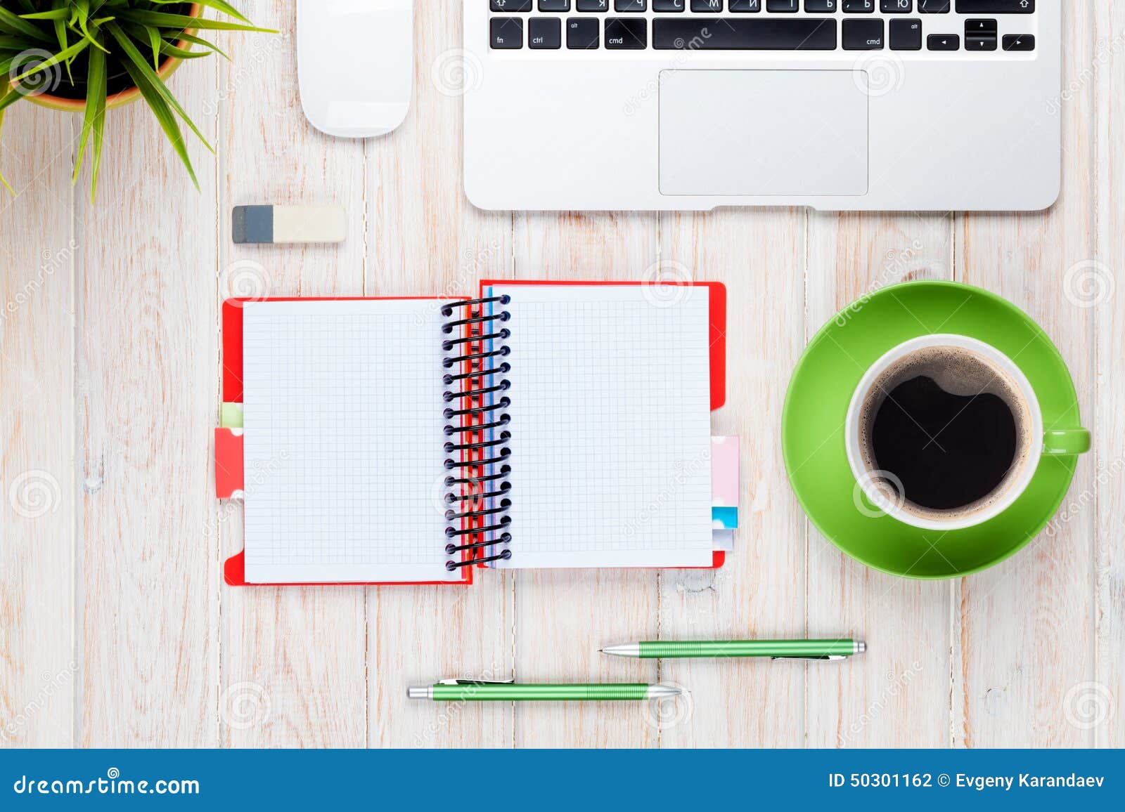 Office Desk Table with Computer, Supplies, Coffee Cup and Flower Stock ...