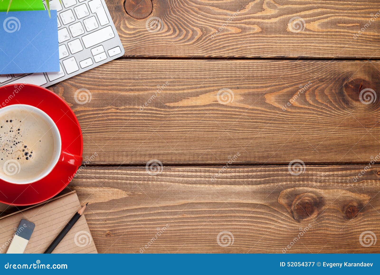 Office Desk Table with Computer, Supplies and Coffee Cup Stock Image ...