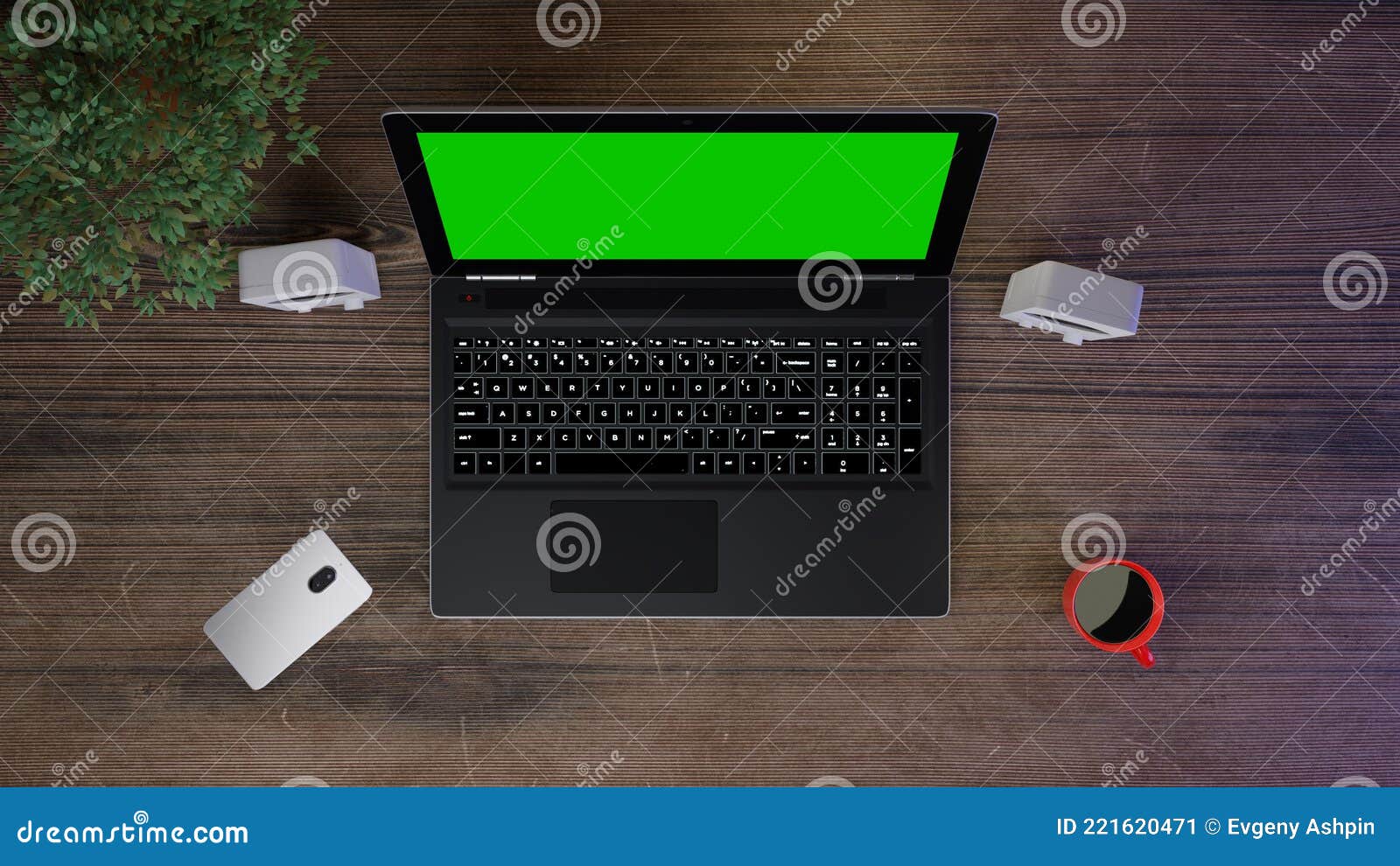 3D Rendering the Laptop is on the Table Top View Stock Illustration ...