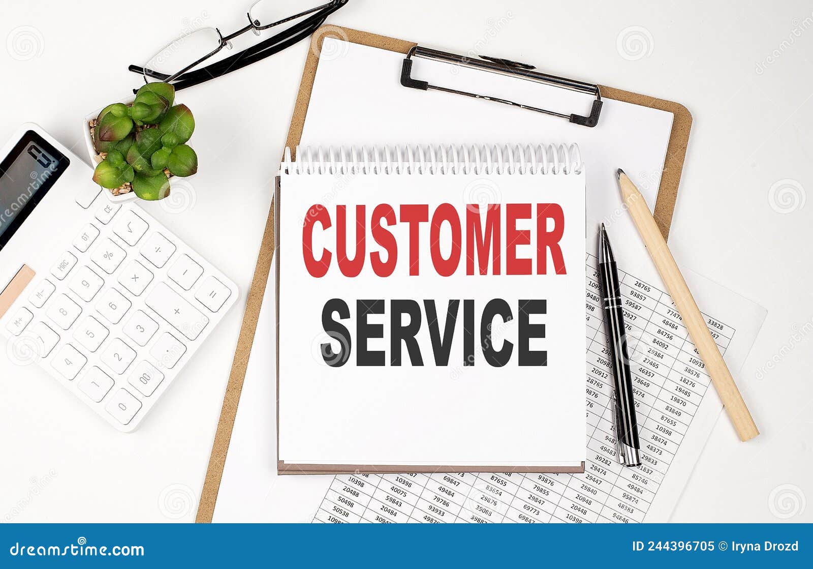 Office Desk Table with Paper Sheet, Notepad ,chart and Calculator. Top ...