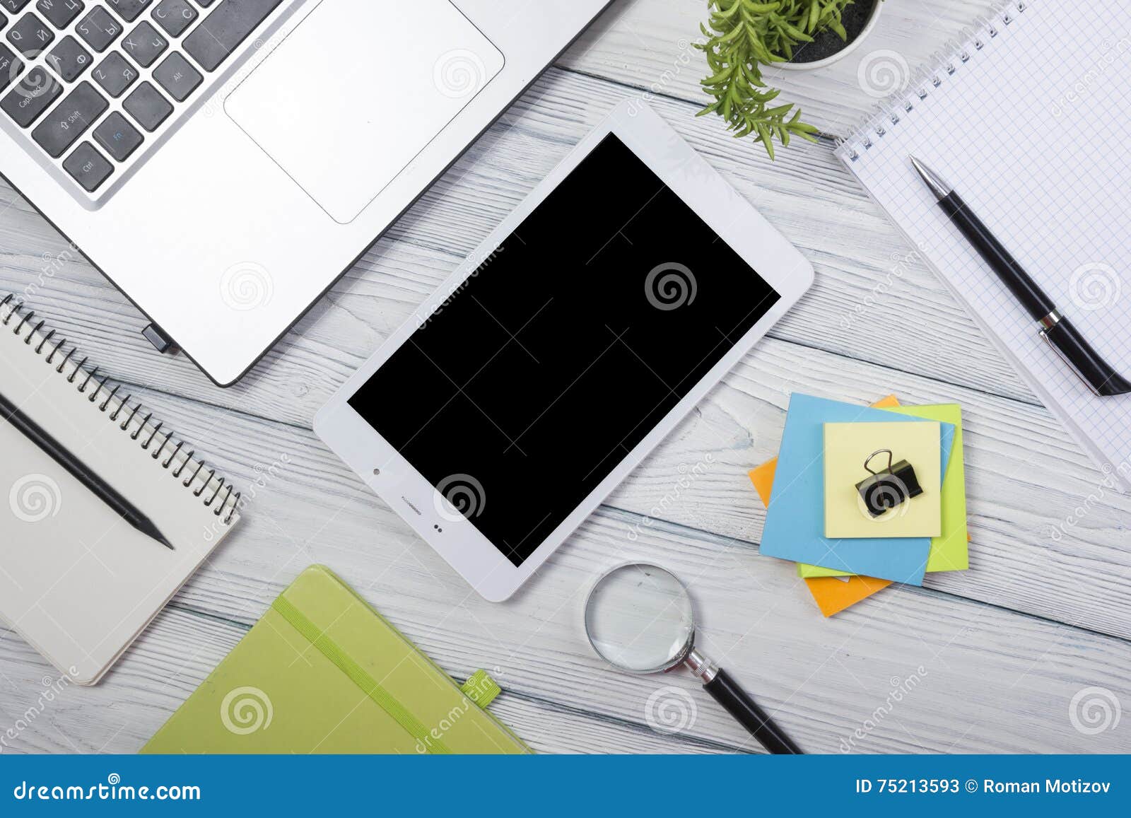 Office Desk Table with Supplies. Top View Stock Image - Image of ...