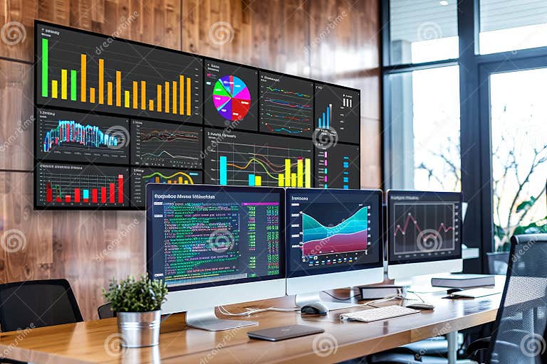 Office Desk with Three Computer Monitors Displaying Data and a Plant ...