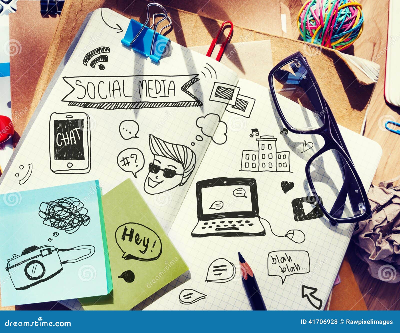 Office Desk with Tools and Notes about Social Media Stock Photo - Image ...