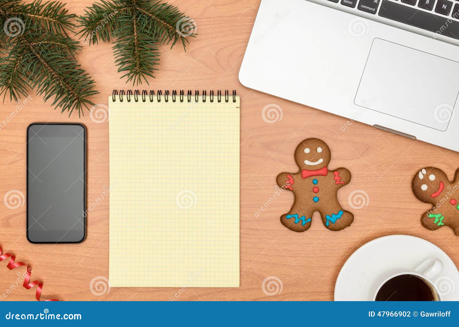 Office Desk, Working on a Wooden Table with Notebook and Christmas Tree ...