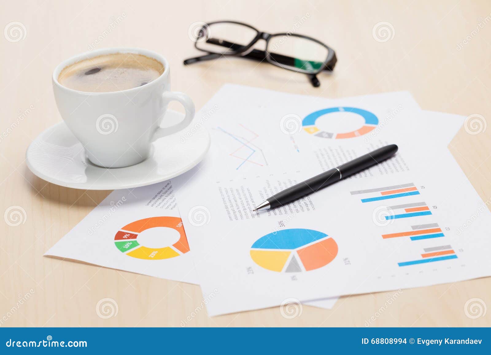 Office Desk Workplace with Coffee and Charts Stock Photo - Image of ...