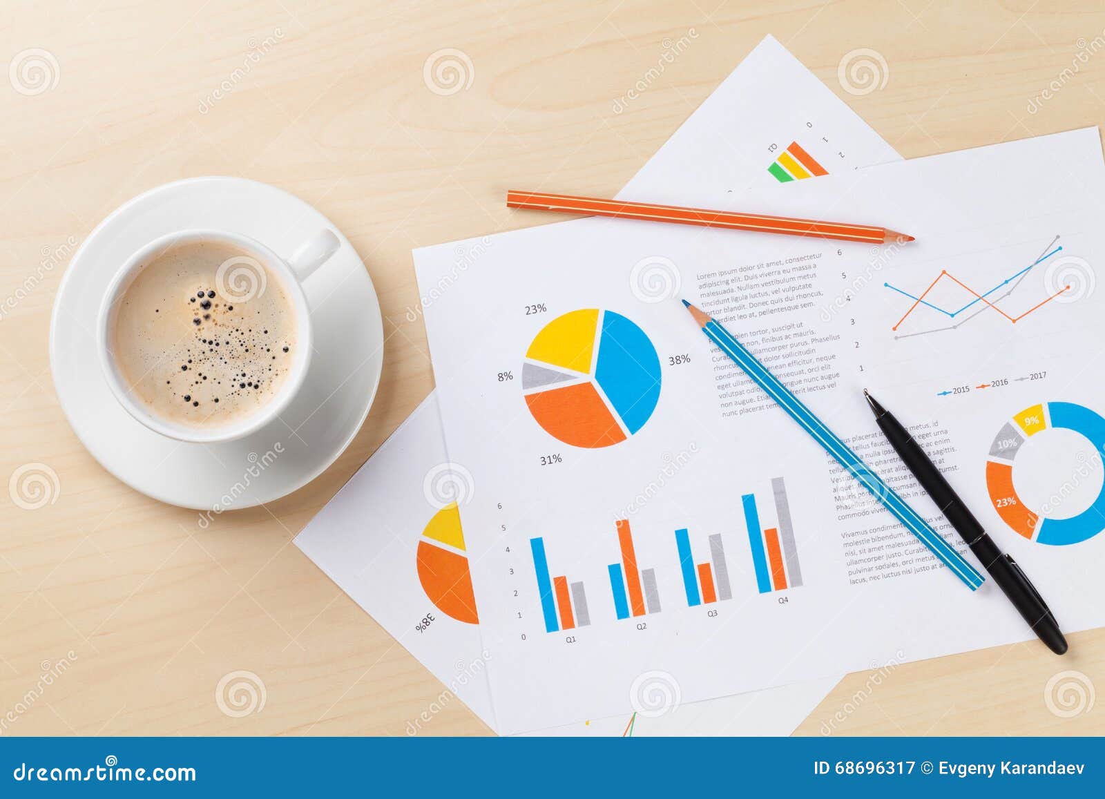 Office Desk Workplace with Coffee and Charts Stock Image - Image of ...