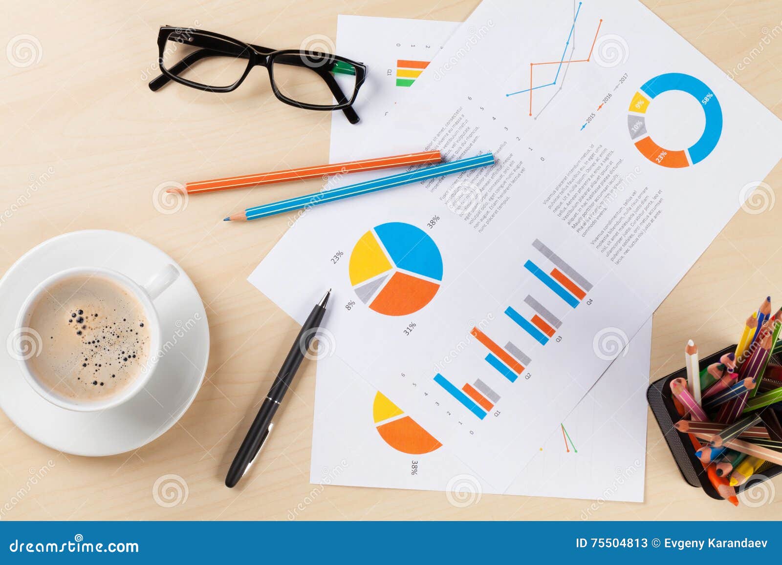 Office Desk Workplace with Coffee and Charts Stock Image - Image of ...