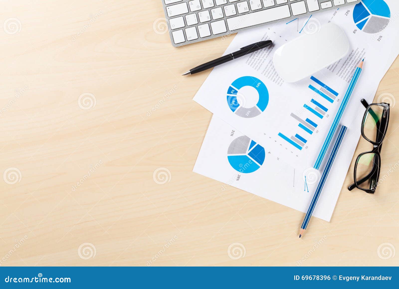 Office Desk Workplace with Pc and Charts Stock Photo - Image of glasses ...