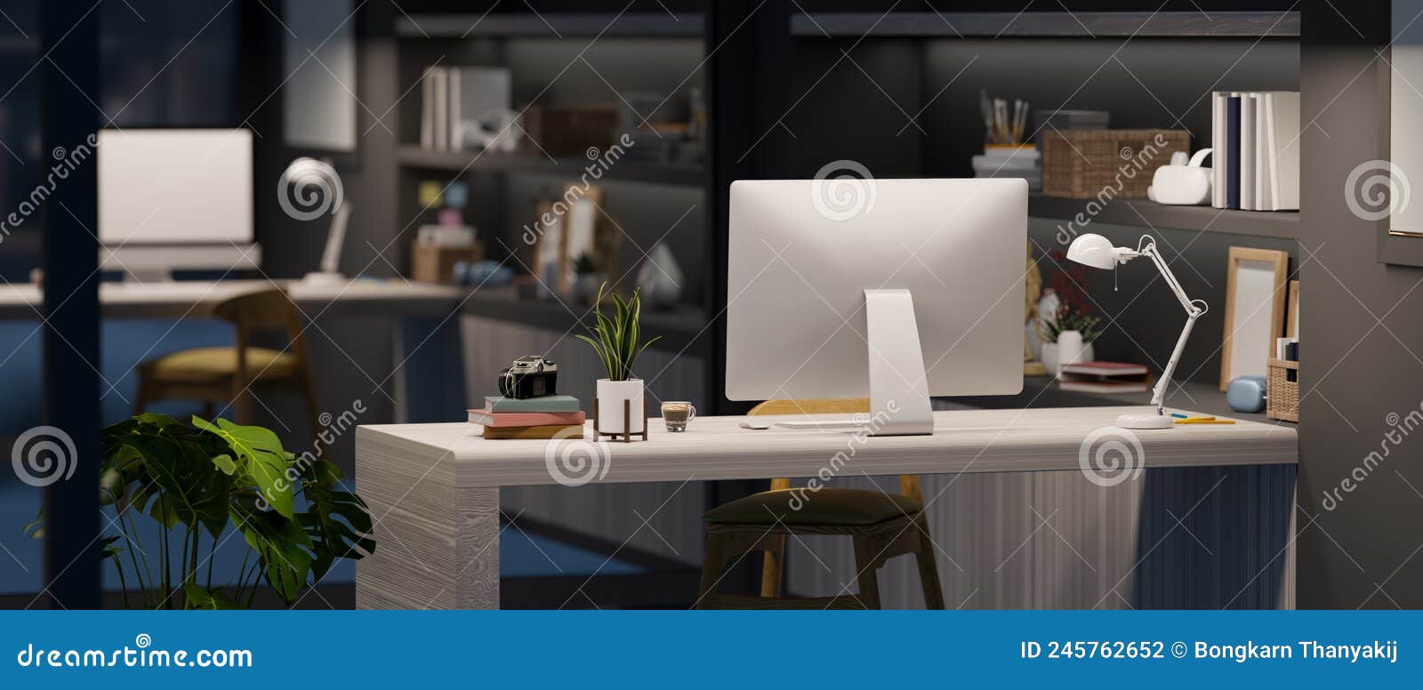 Office Desk Workspace at Night in Modern Interior Style Stock ...