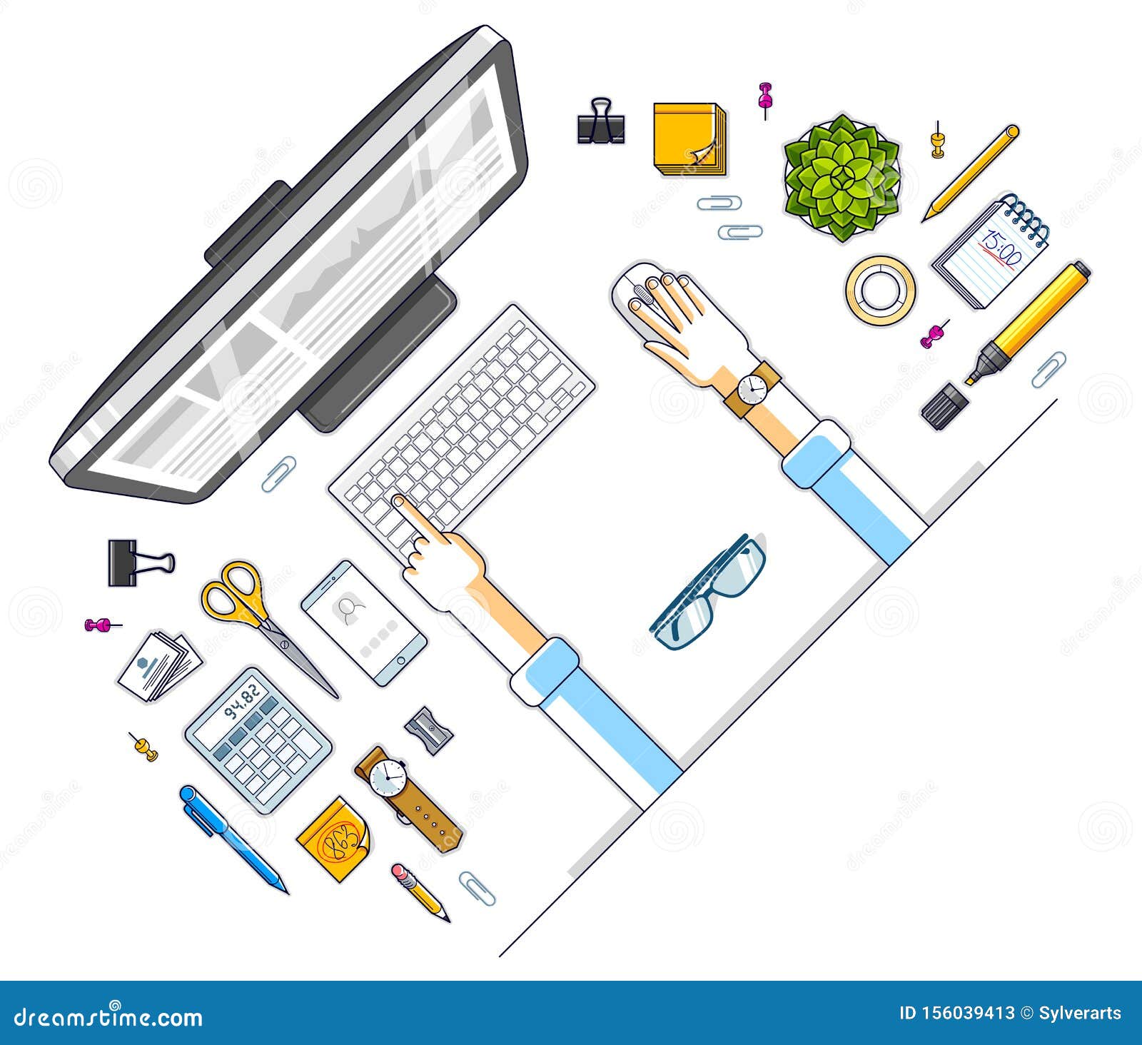Office Desk Workspace Top View with Hands of Office Employee or ...