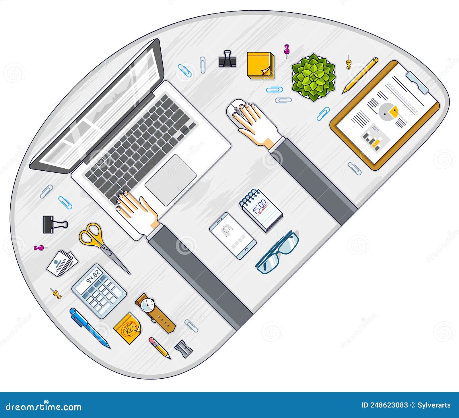 Office Desk Workspace Top View with Hands of Office Employee or ...