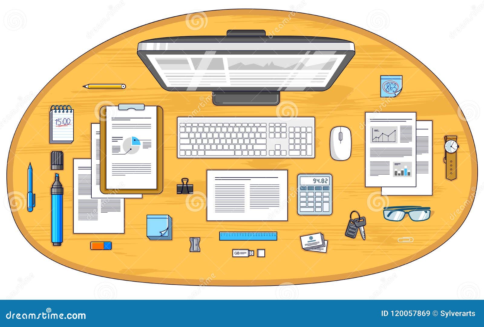 Office Desk Workspace Top View with PC Computer and Analytics Pa Stock ...